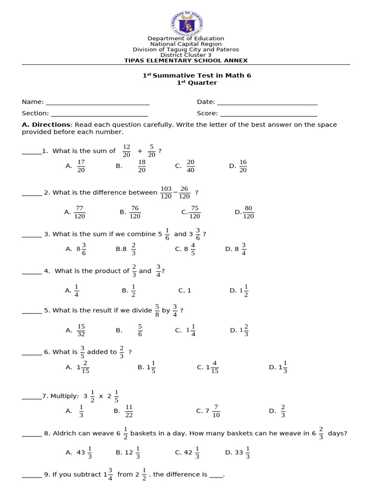 ST1 in Math 6- Q1 | PDF | Elementary Mathematics | Arithmetic