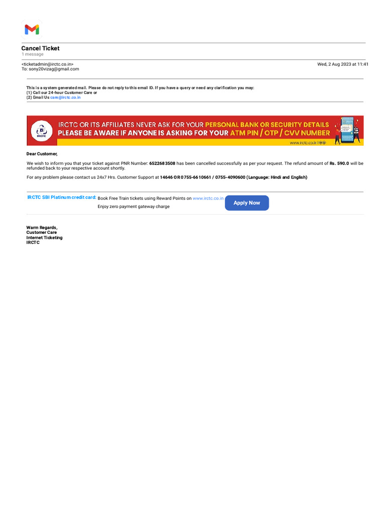 IRCTC Ticket Cancellation Confirmation | PDF
