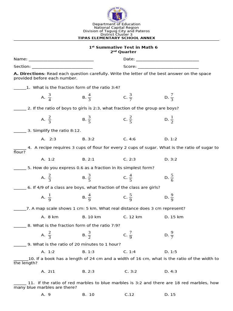ST1 in Math 6- Q2 | PDF | Ratio | Length