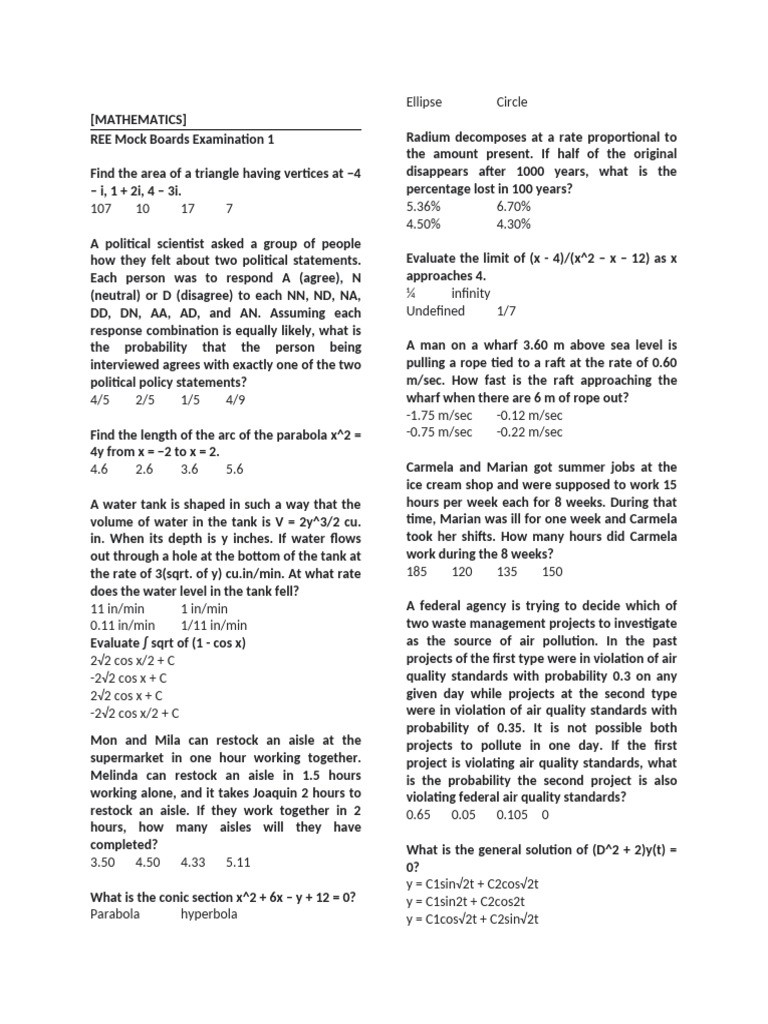 Math Exam for Students | PDF | Ellipse | Perpendicular