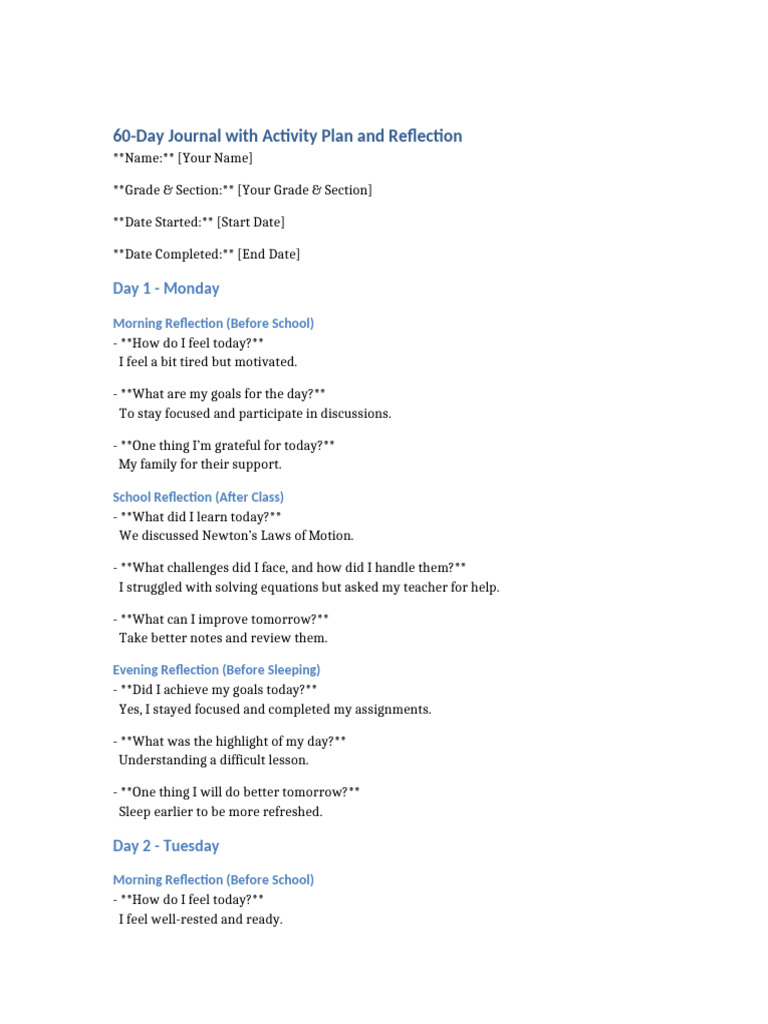 60-Day Reflection Journal Template | PDF | Teachers | Homework