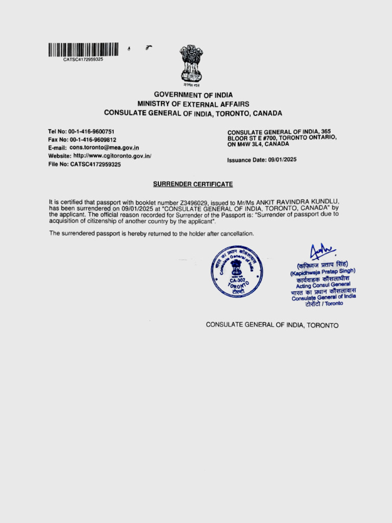 Surrender Certificate IND Passport | PDF