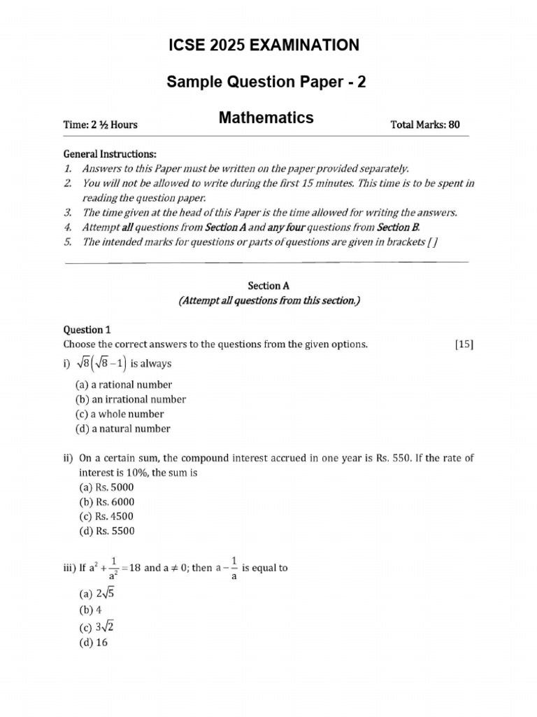 ICSE 2025 Math Sample Paper 2 | PDF