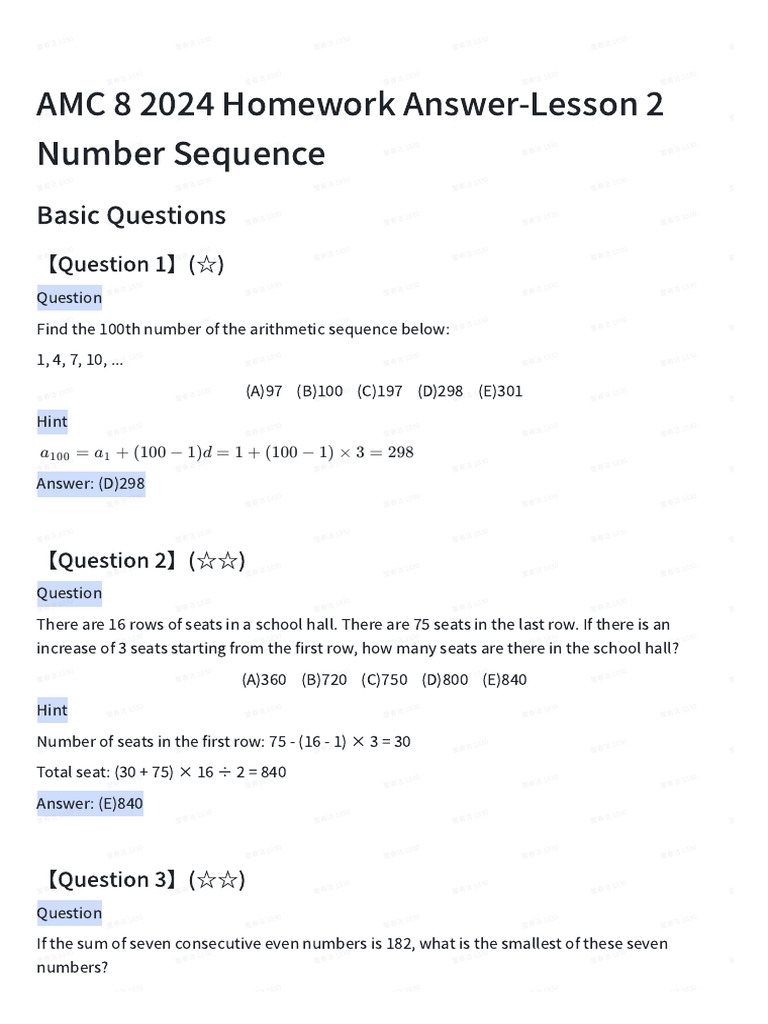 AMC 8 2024 Homework Answer-Lesson 2 Number Sequence | PDF | Arithmetic Mean | Numbers