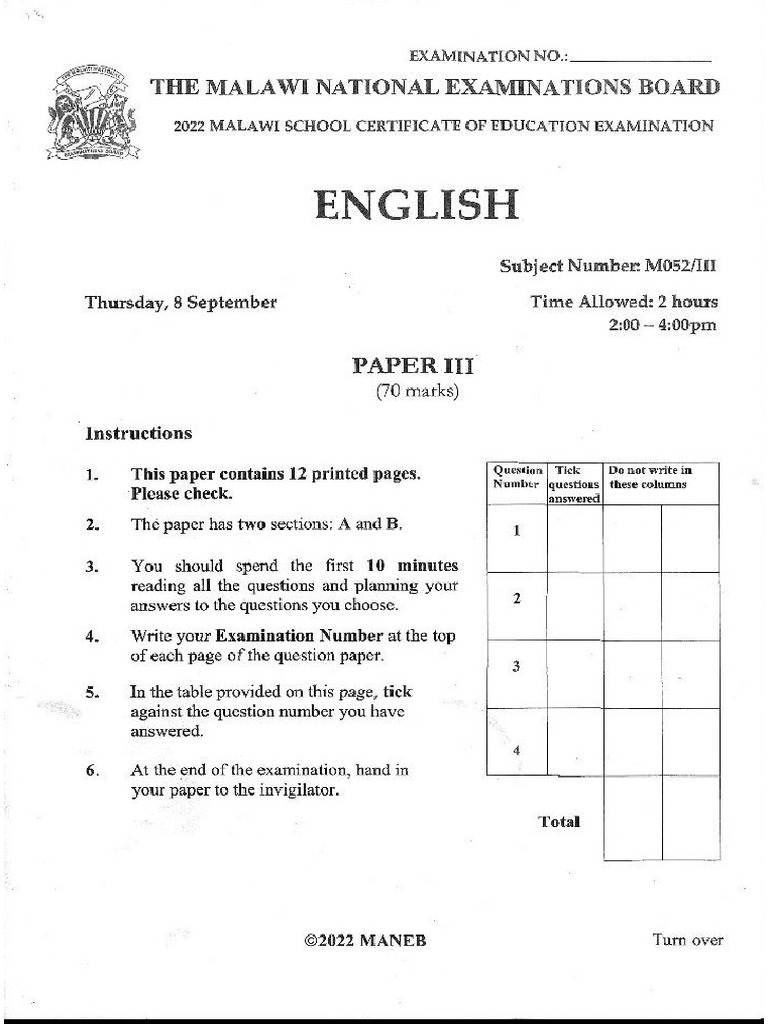 2022 English Paper III MNB | PDF