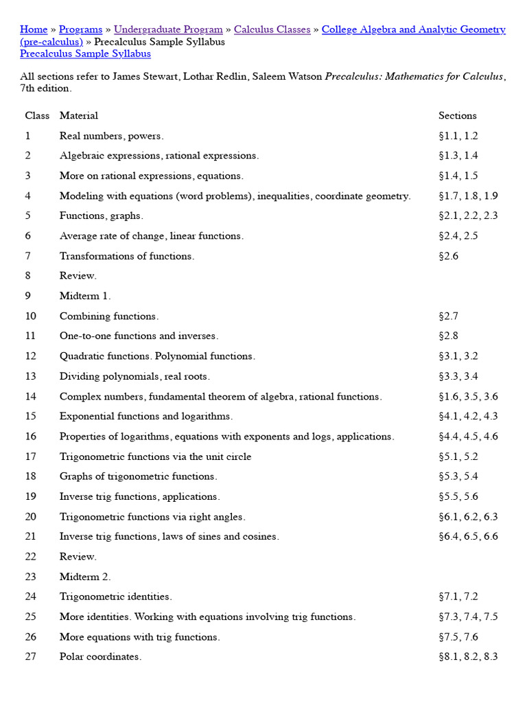 Department of Mathematics at Columbia University - Precalculus Sample Syllabus | PDF ...