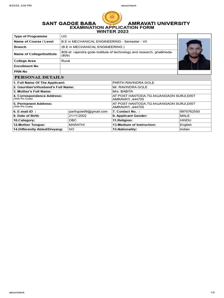exam form 7 sem (1) | PDF