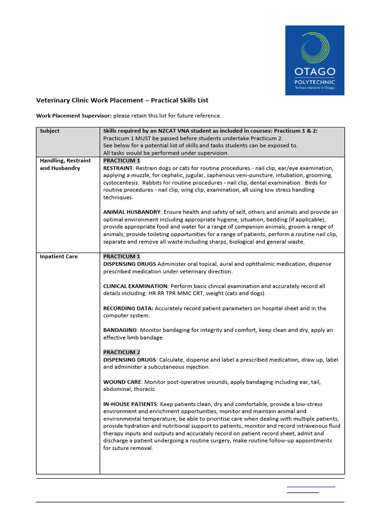 Veterinary Nursing Practicum Skills List | PDF | Surgery | Anesthesia