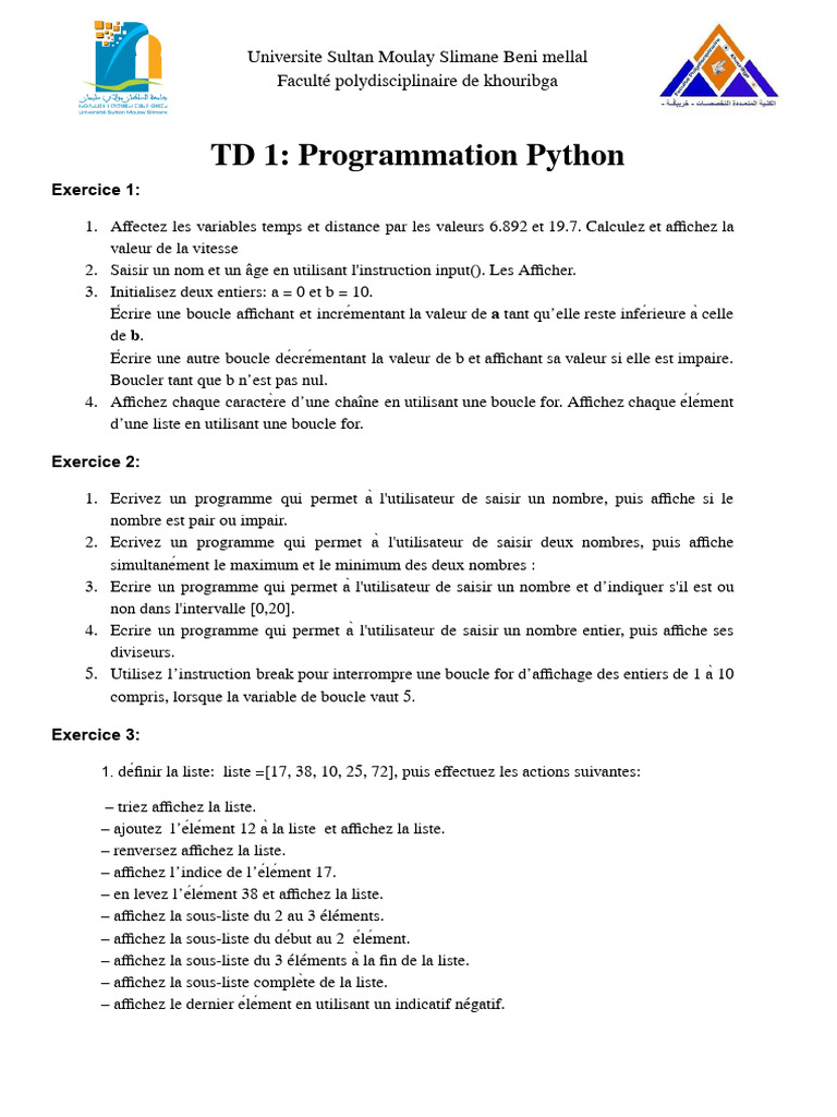 TD 1_ Programmation Python | PDF | Structure de contrôle