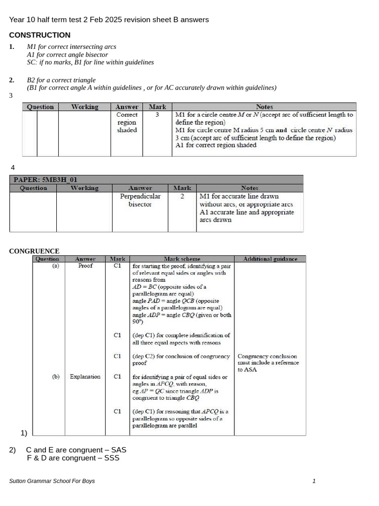 Year 10 Test 2 Feb 2025 Revision Sheet B Ans | PDF