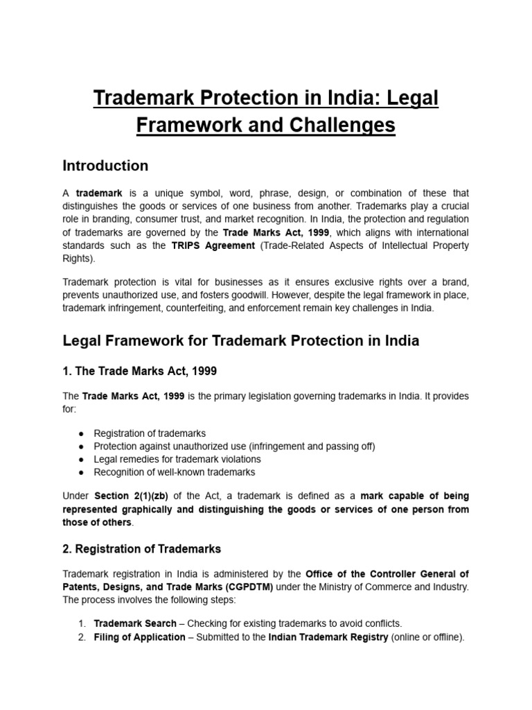 Trademark Protection in India - Legal Framework and Challenges | PDF ...