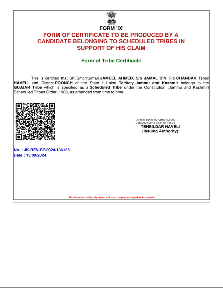 Scheduled Tribe Certificate | PDF