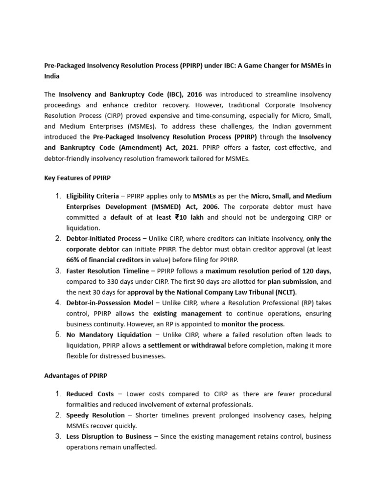 Pre-Packaged Insolvency Resolution Process (PPIRP) under IBC_ A Game ...