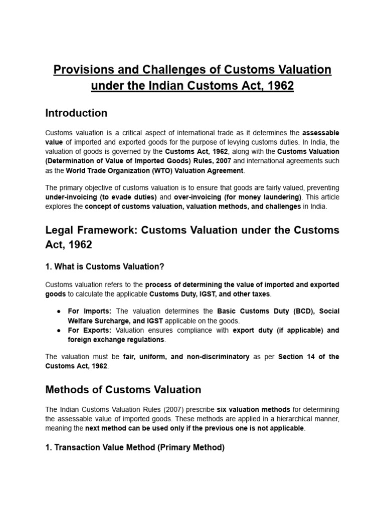 Provisions and Challenges of Customs Valuation Under The Indian Customs ...