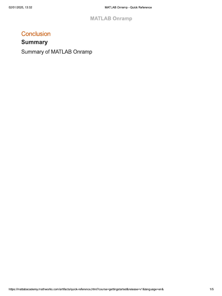 Matlab Mathworks Onramp Quick Reference | PDF