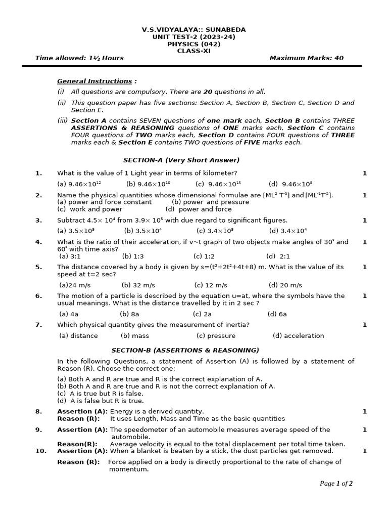 UT-1 -XI-PHY 07082023 | PDF | Acceleration | Force