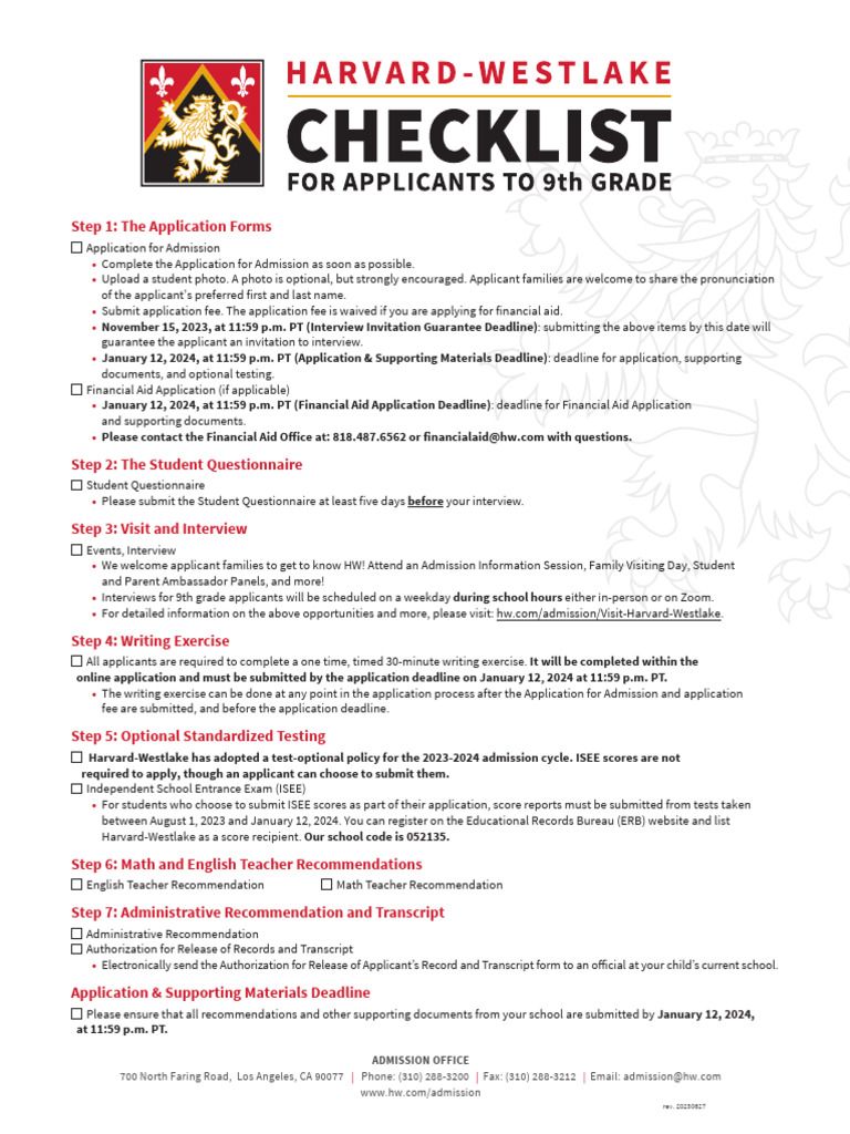 9th Grade Admission Checklist 23-24 (Harvard Westlake) | PDF ...
