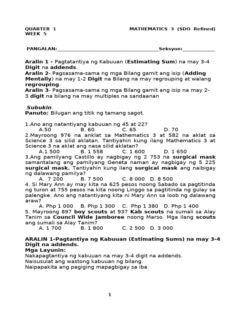 q1 Math 3 Week 5 Sdo Refined | PDF