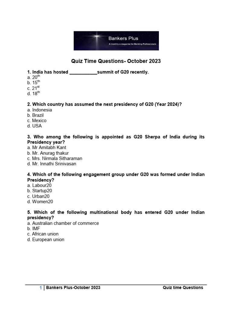 Quiz Time Questions Oct 2023 | PDF | Foreign Direct Investment | Economies