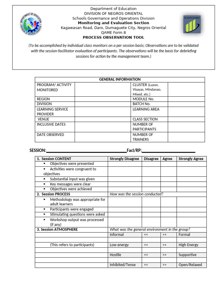 QAME Form 8 Process Observation Tool | PDF | Learning | Human Communication