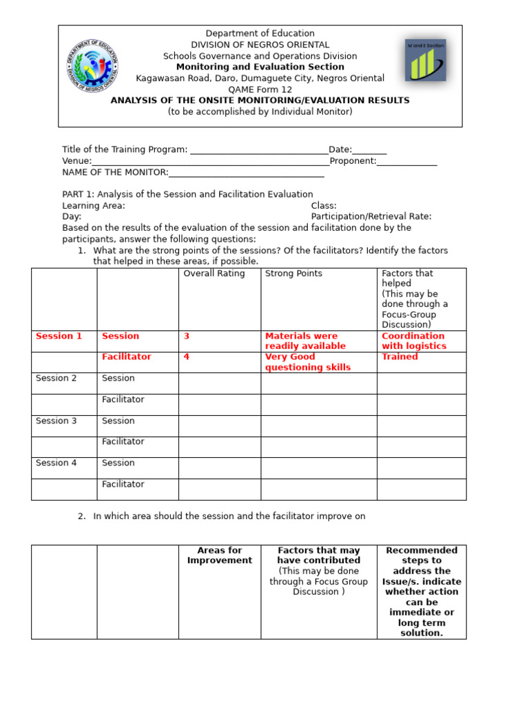 QAME Form 12 Analysis of The On Site Monitoring and Evaluation Results ...