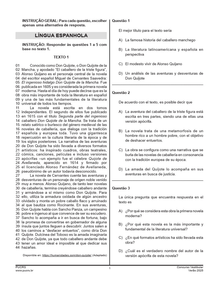 2024 11 25-Vestibular Verao 2025-00-Oc 01-Medicina-Prova 23 Nov-Prova | PDF | Don Quijote