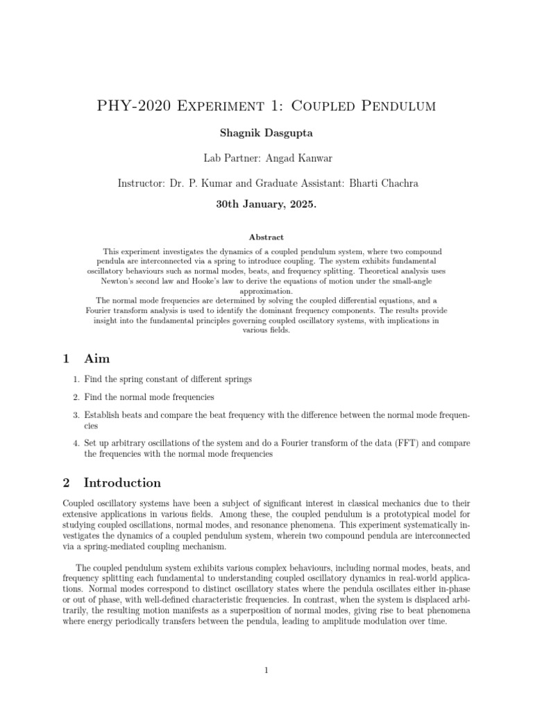 PHY 2020 Experiment 1 Coupled Pendulum | PDF | Oscillation | Normal Mode