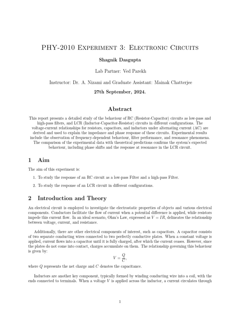 PHY 2010 Experiment 3 Shagnik Electronic Circuits. | PDF | Low Pass Filter | Inductor