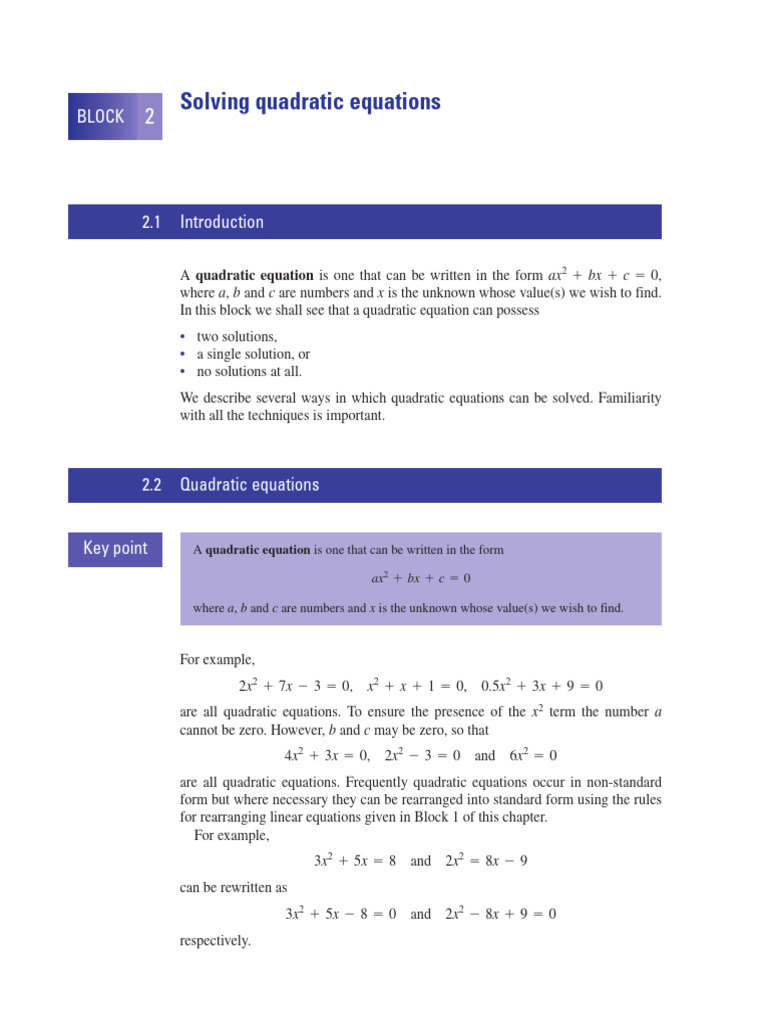 Mathematics For Engineers Ebook PDF O4 - (Block 2 Solving Quadratic Equations) | PDF | Quadratic ...