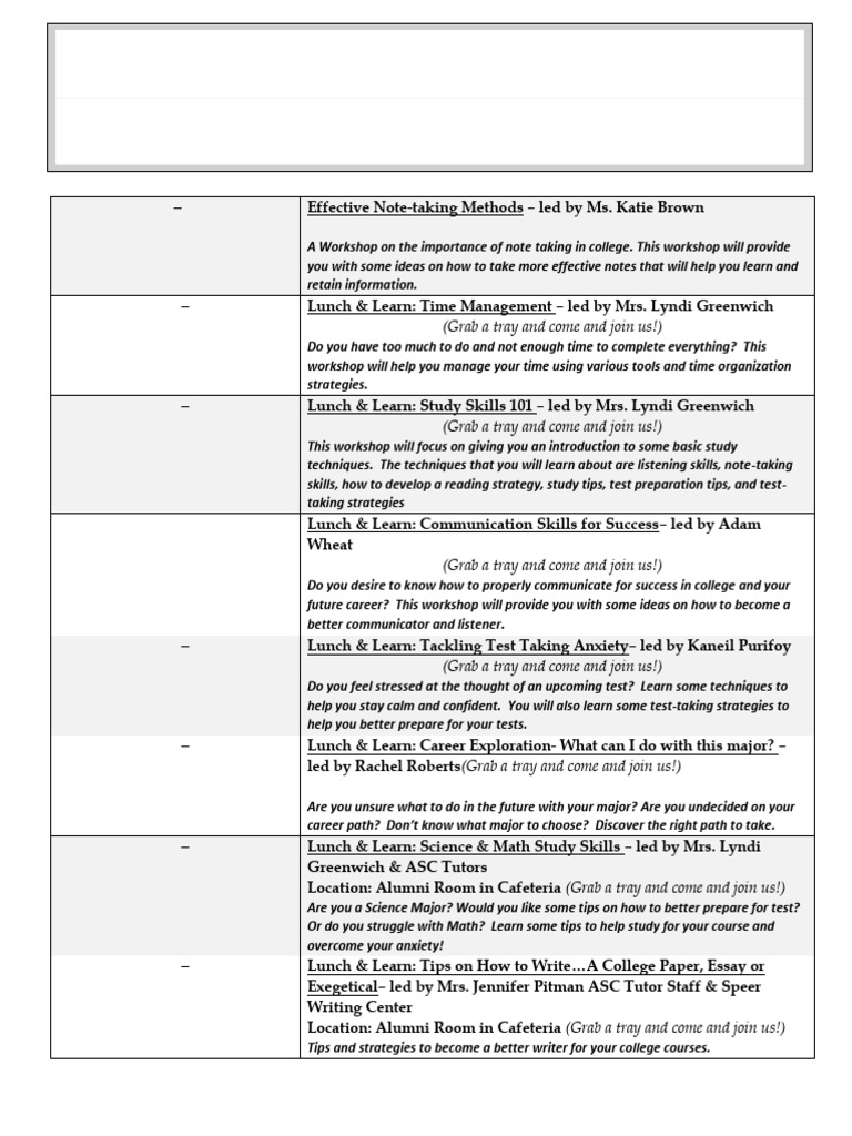 Updatedbb Fall 2021 Workshop Schedule | PDF | Study Skills | Learning ...