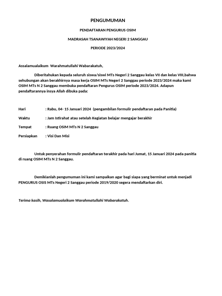 Formulir Pendaftaran Osim | PDF