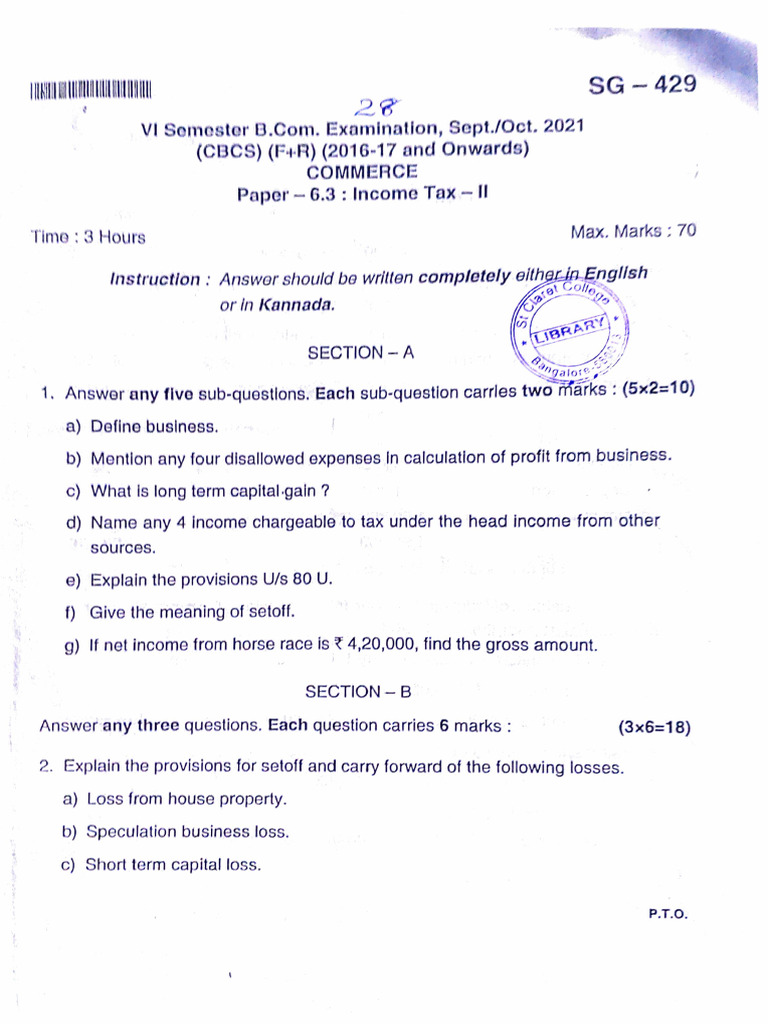 B.Com Income Tax Exam Paper SG 429 | PDF | Expense | Taxes
