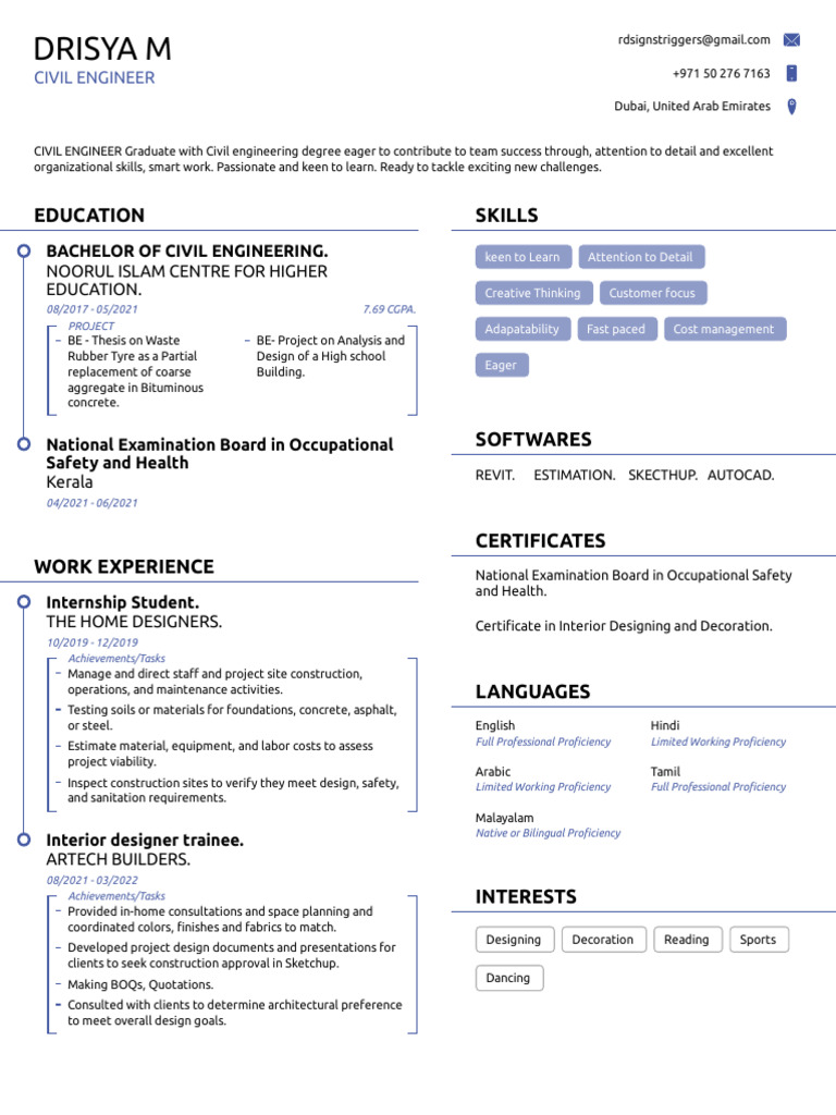 Civil Engineer Drisya Resume | PDF | Concrete