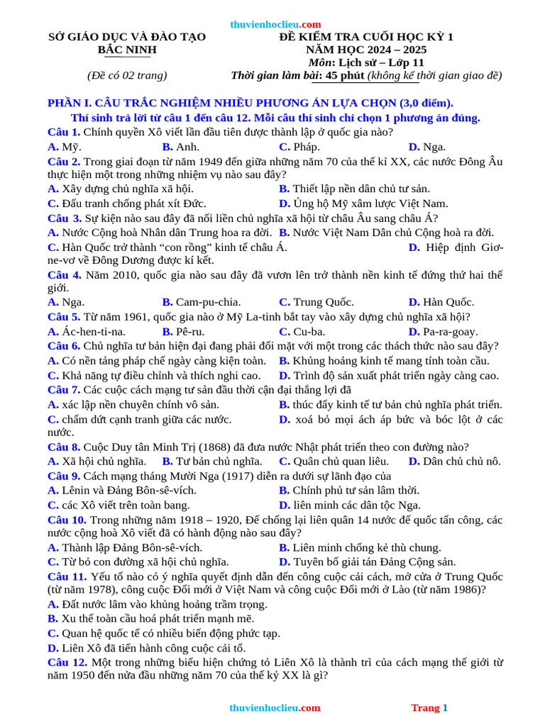 De Kiem Tra Cuoi HK1 Lich Su 11 SO GD Bac Ninh 24 25 | PDF