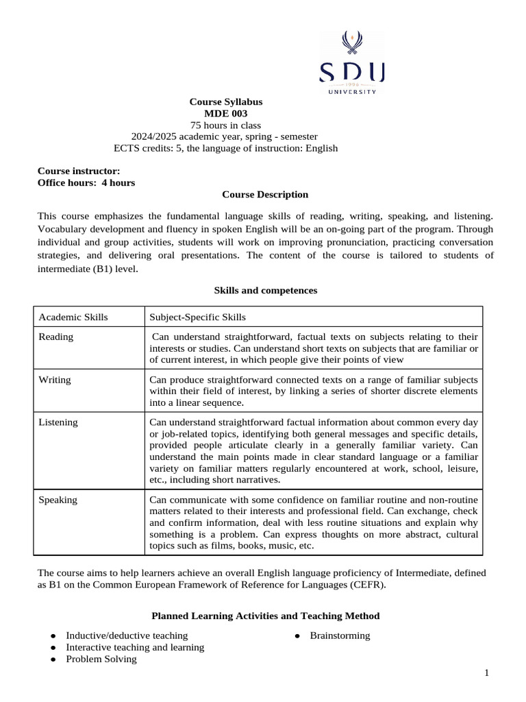 B1 English Speaking Course Syllabus | PDF | Verb | Adjective