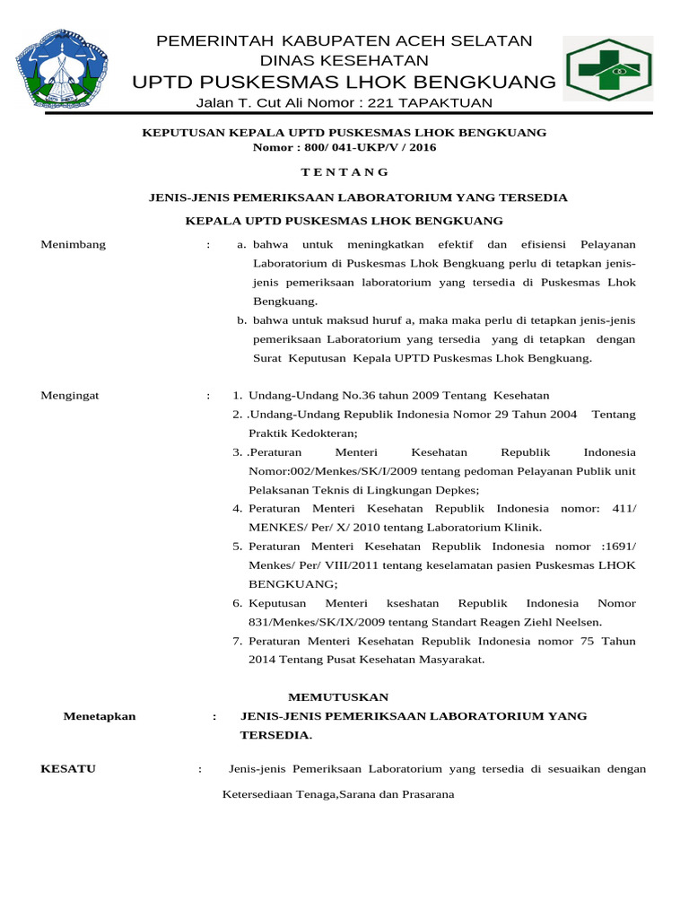 8.1.1.1 SK JENIS-JENIS PEMERIKSAAN LABORATORIUM YANG TERSEDIA | PDF