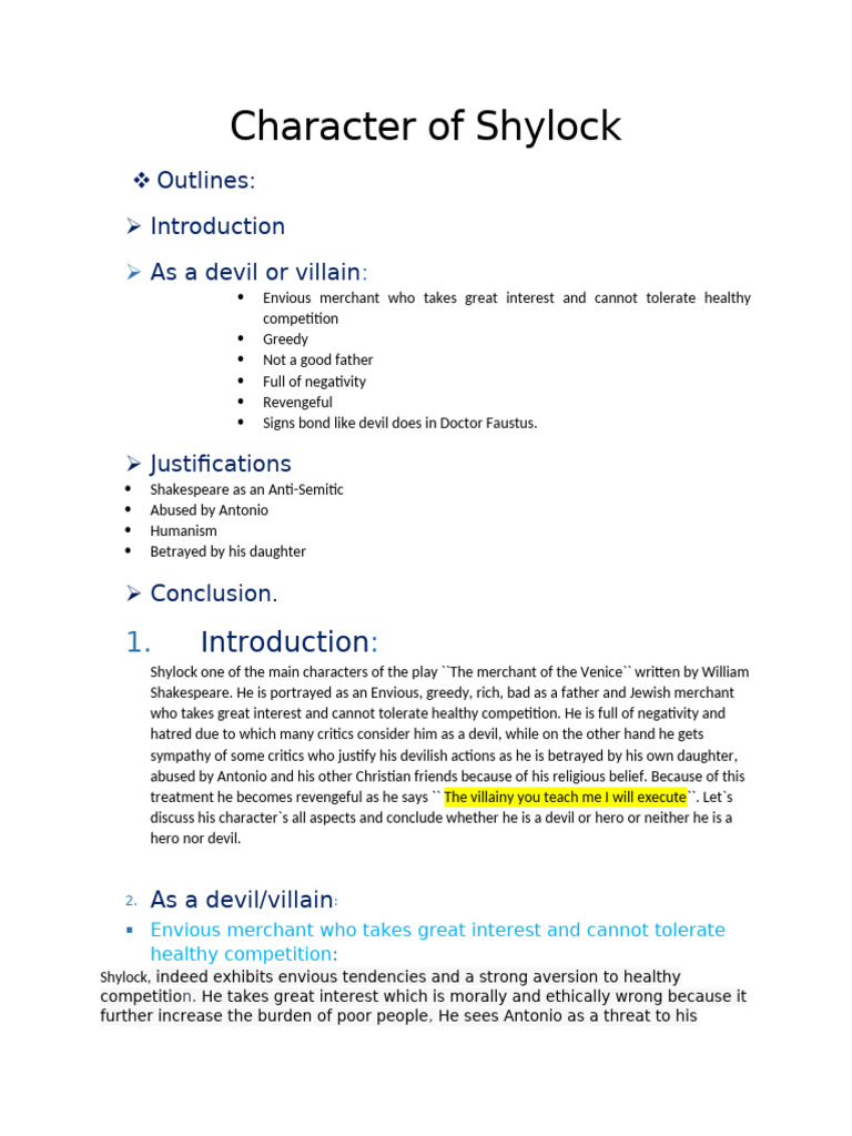 Character of Shylock | PDF | Shylock | The Merchant Of Venice
