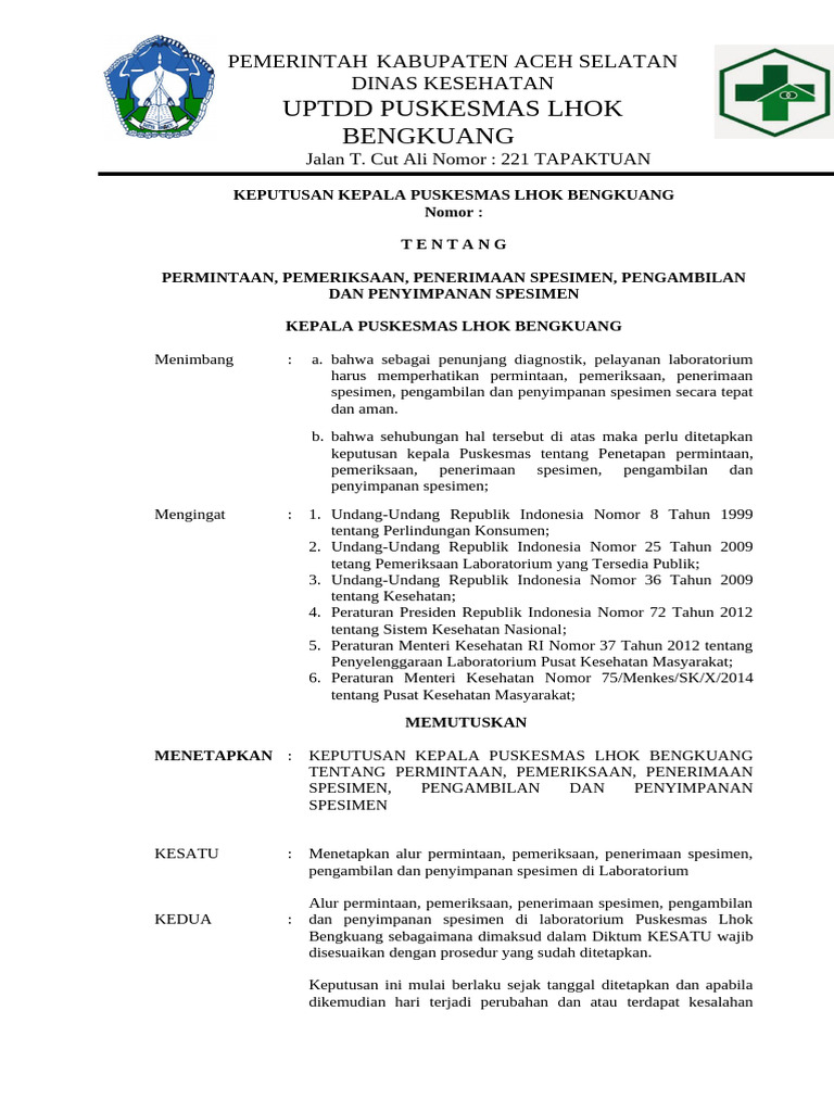 8.1.2.1 SK Permintaan Penerimaan Pengambilan Penyimpanan Spesimen | PDF
