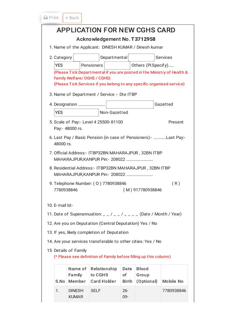 Application For New CGHS Card | PDF