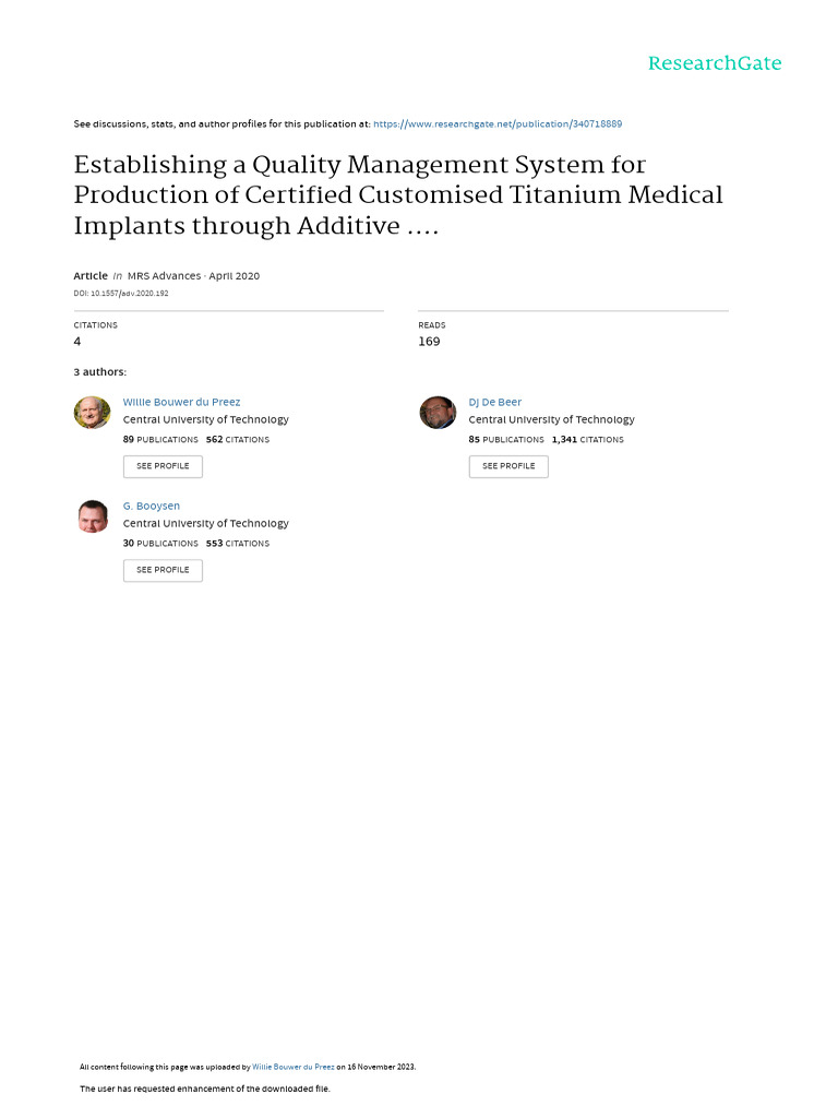Establishing A Quality Management System For Production of Certified Customised Titanium Medical ...