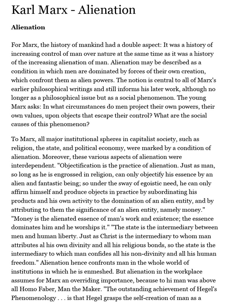 Karl Marx - Alienation Coser | PDF | Marx's Theory Of Alienation ...