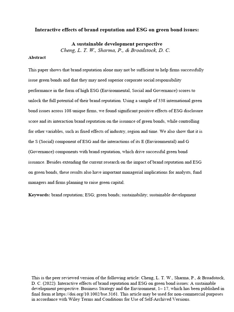 Interactive Effects of Brand Reputation and ESG On Green Bond Issues ...