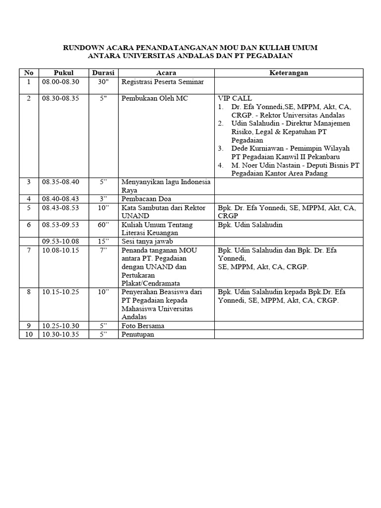 RUNDOWN ACARA PENANDATANGANAN MOU DAN KULIAH UMUM PT PEGADAIAN | PDF