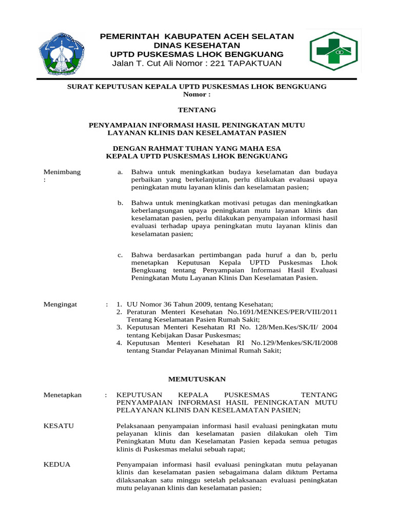 9.4.4.1 SK Penyampaian Informasi Hasil Evaluasi Peningkatan Mutu Pelayanan Klinis Dan ...