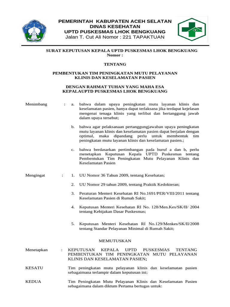 Tim Mutu & Keselamatan Puskesmas | PDF