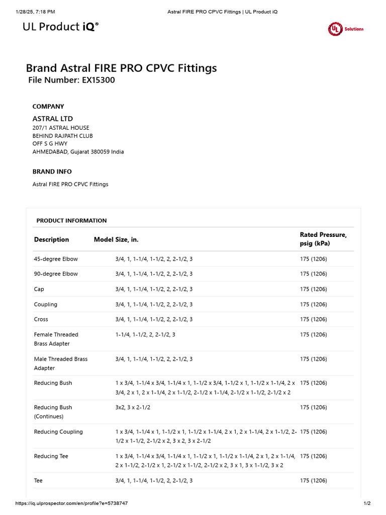 Astral FIRE PRO CPVC Fittings - UL Product IQ | PDF