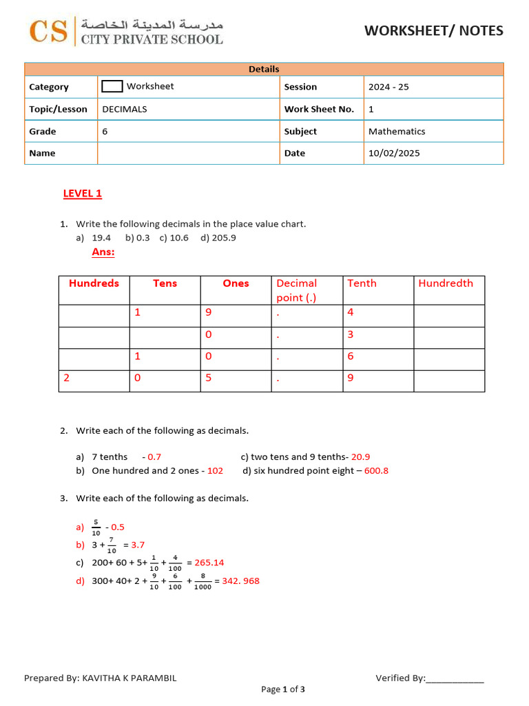 Grade 6 Lesson 8 Decimals Annual Exam Revision Worksheet - Answer Sheet ...