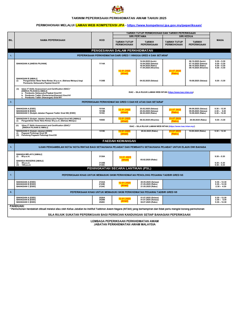 Jadual Peperiksaan Perkhidmatan Awam Tahun 2025 | PDF