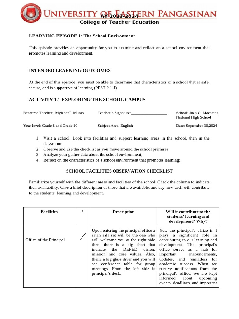 DELOS REYES SHANE S. - FS 1 Learning Episode 1 | PDF | Classroom | Learning