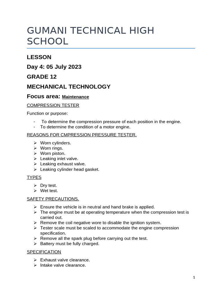Gumani Technical High School Mechanical Grade12 Lesson 02 - 105908 ...